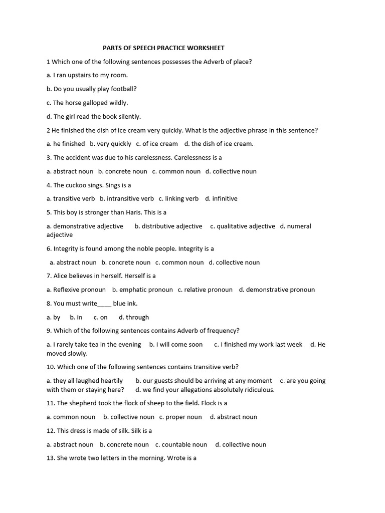 Parts of Speech Practice | PDF | Verb | Adverb