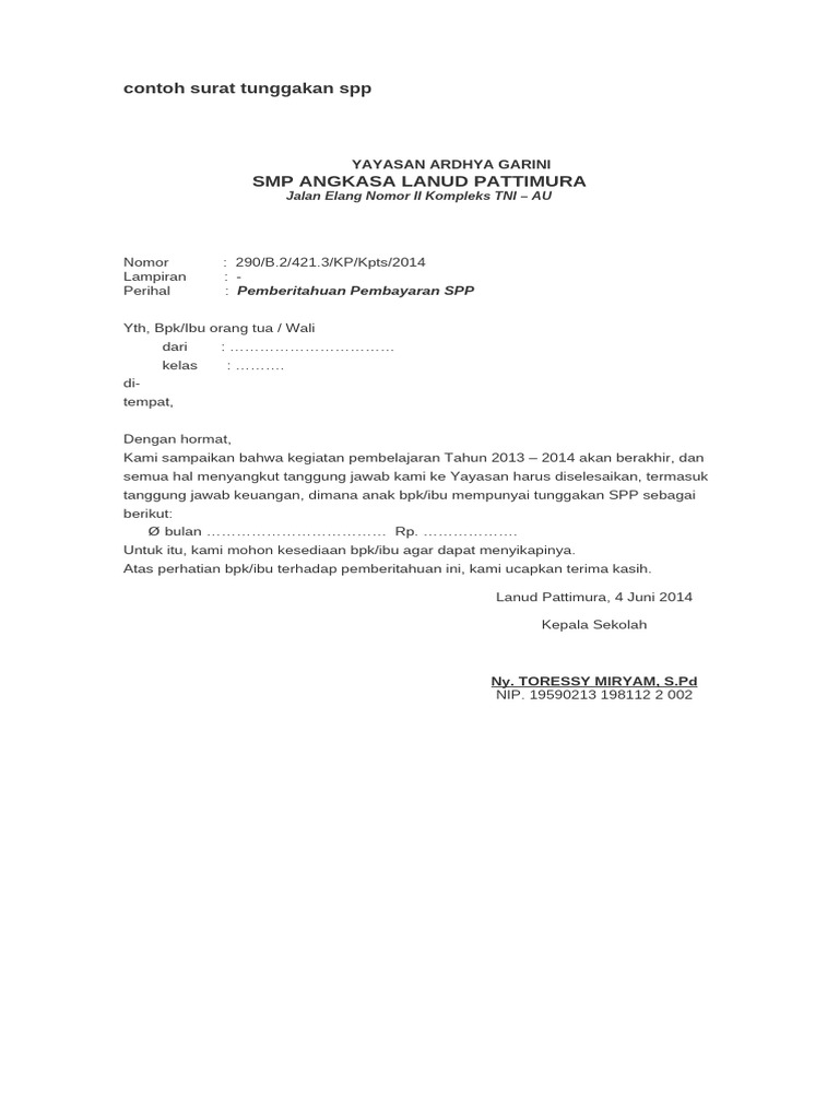 Contoh Surat Tunggakan SPP | PDF