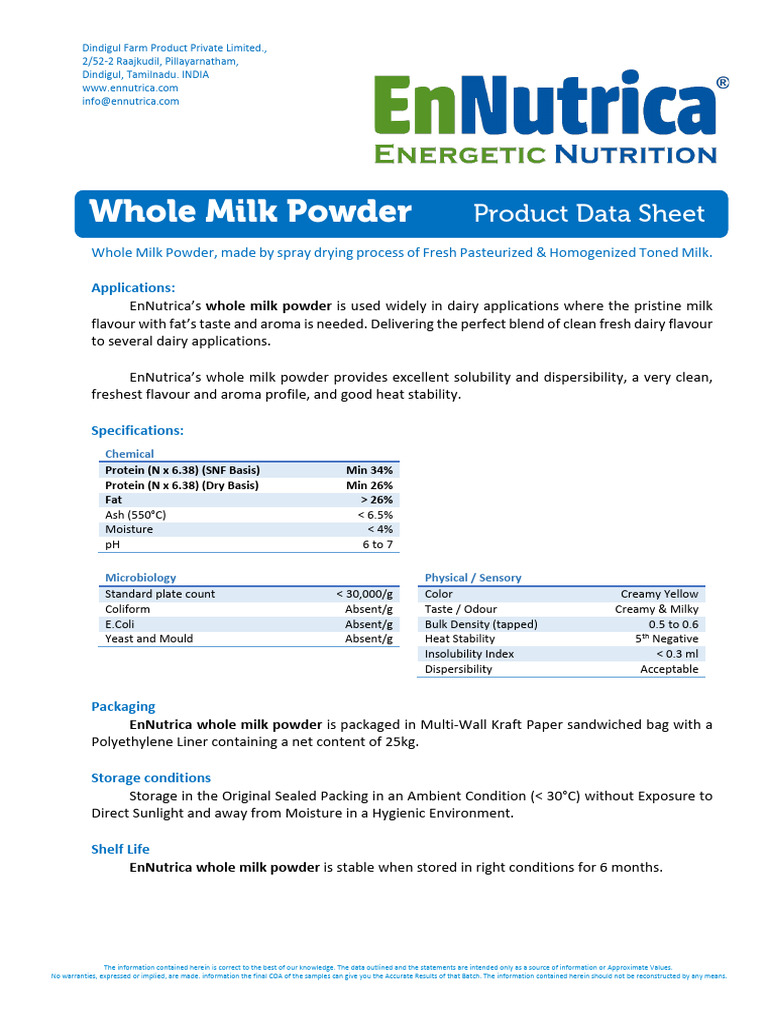 Whole Milk Powder Product Data Sheet | PDF | Milk | Powdered Milk