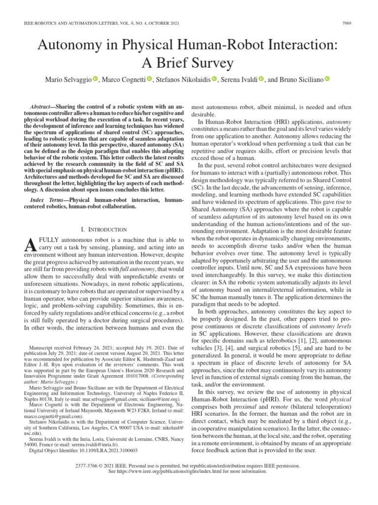 Autonomy In Physical Human Robot Interaction A Brief Survey Pdf Robotics Robot