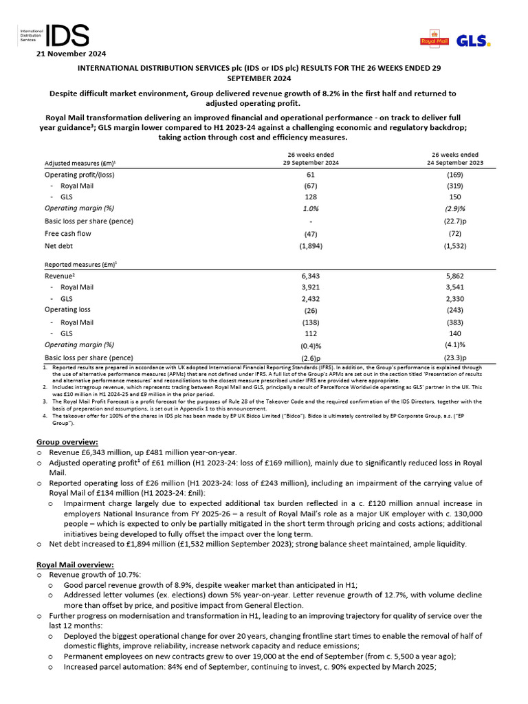 Ids PLC h1 2024 25 Results 21 11 24 | PDF | Cost Of Living | Inflation