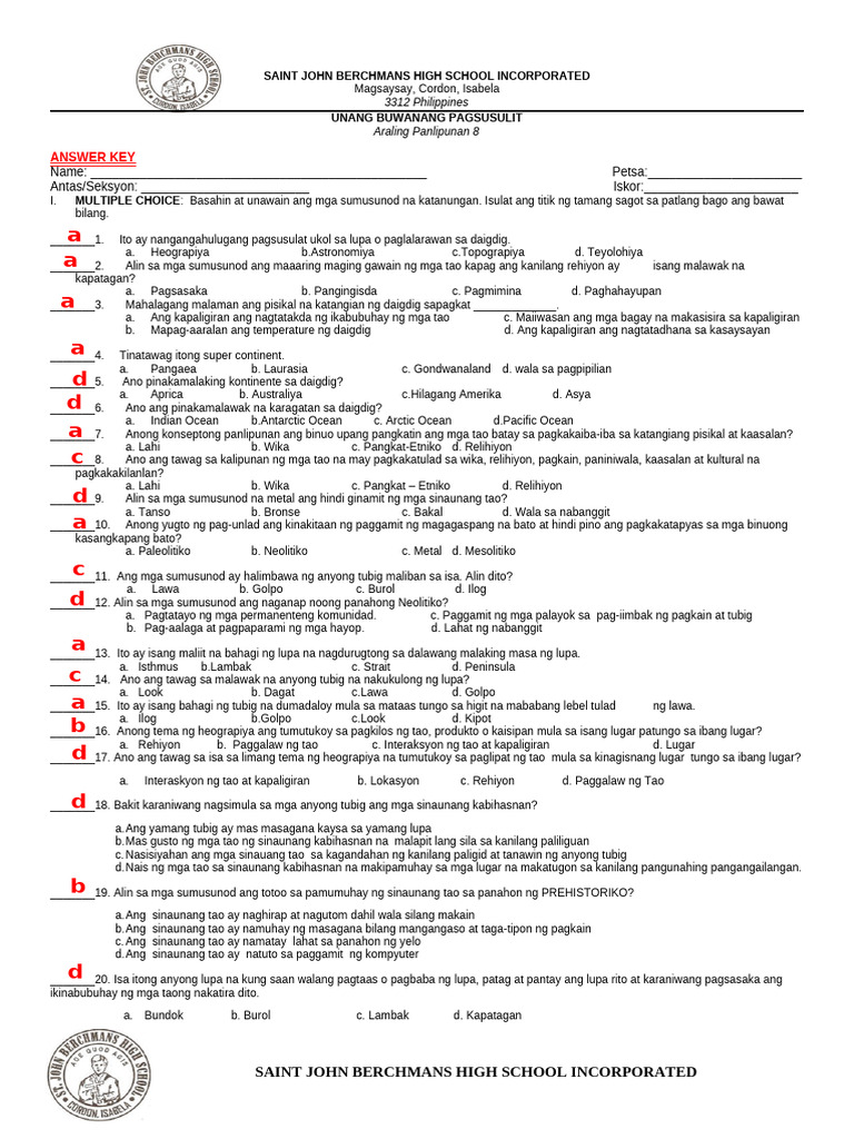 First Monthly Exam - Answer Key | PDF