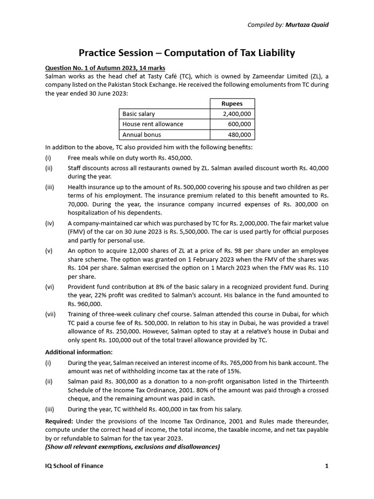 Practice Session - Income Tax (Questions) - Handout 1 | PDF | Taxes ...
