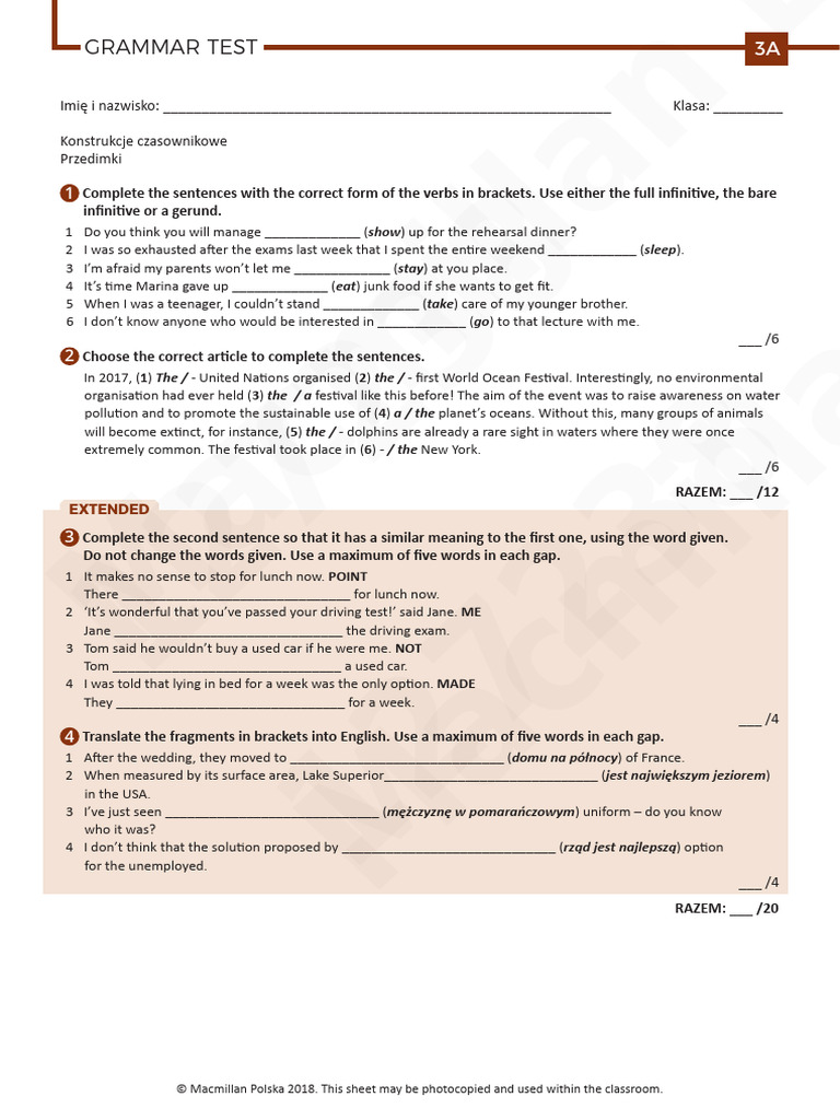 Grammar Test 3a | PDF | Linguistics | Grammar