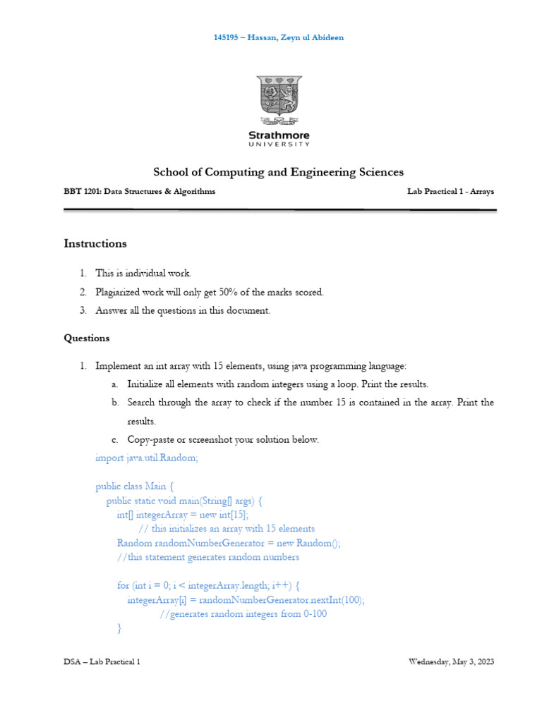 DSA - Lab Practical 1 - Arrays | PDF | Integer (Computer Science) | Algorithms