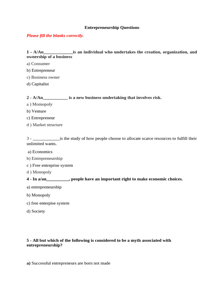 Test Entrepreneurship Students | PDF