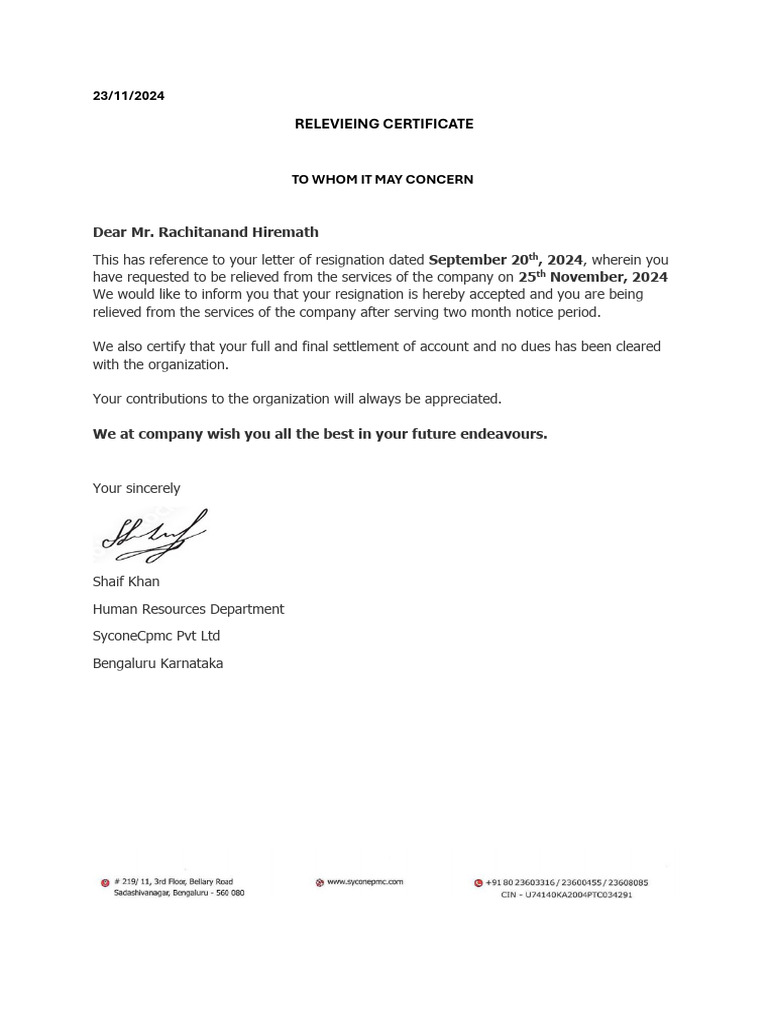 Employee Relieving Certificate | PDF