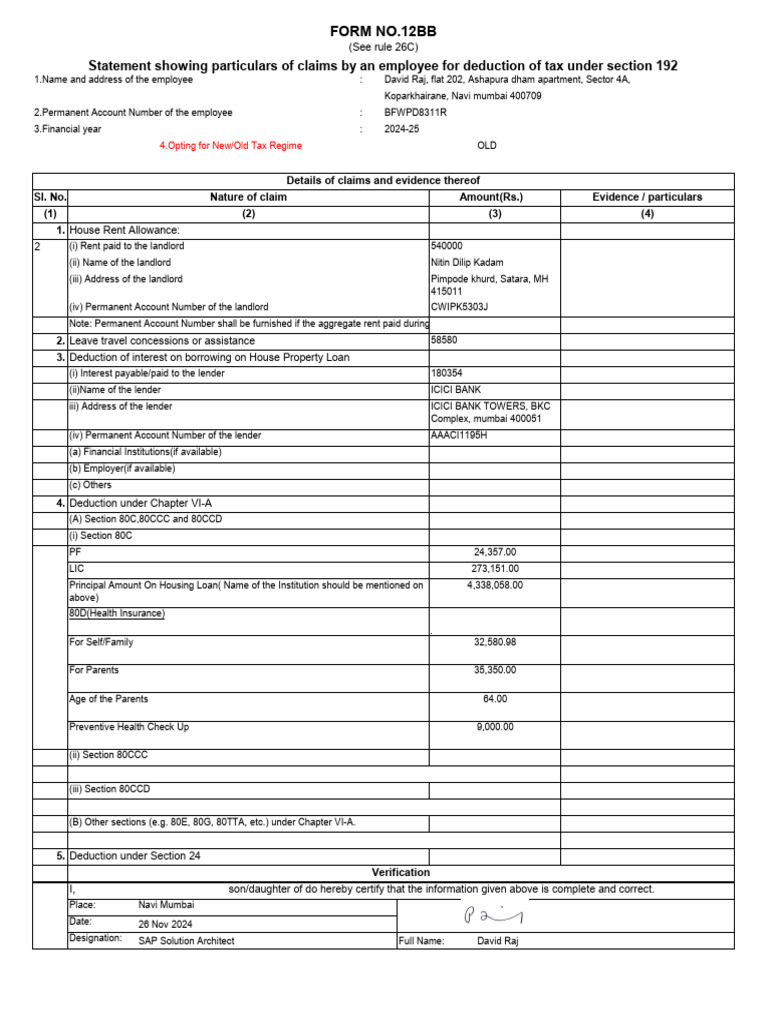 Form 12BB - IT Savings David Raj | PDF | Economies | Payments