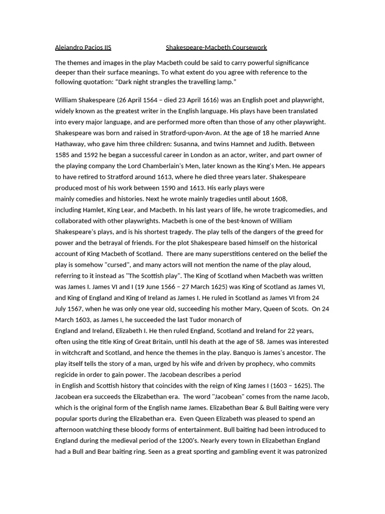 Macbeth Coursework introduction | PDF | Macbeth | James Vi And I