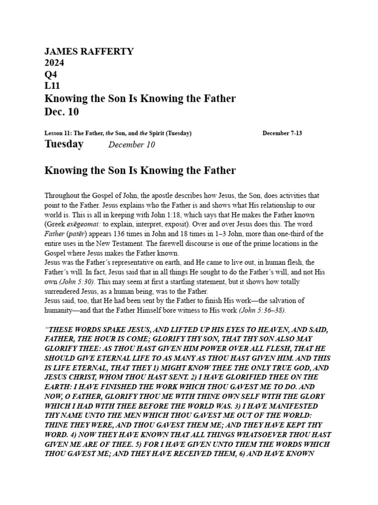 James Rafferty 2024 Q4 L11 Knowing The Son Is Knowing The Father | PDF ...