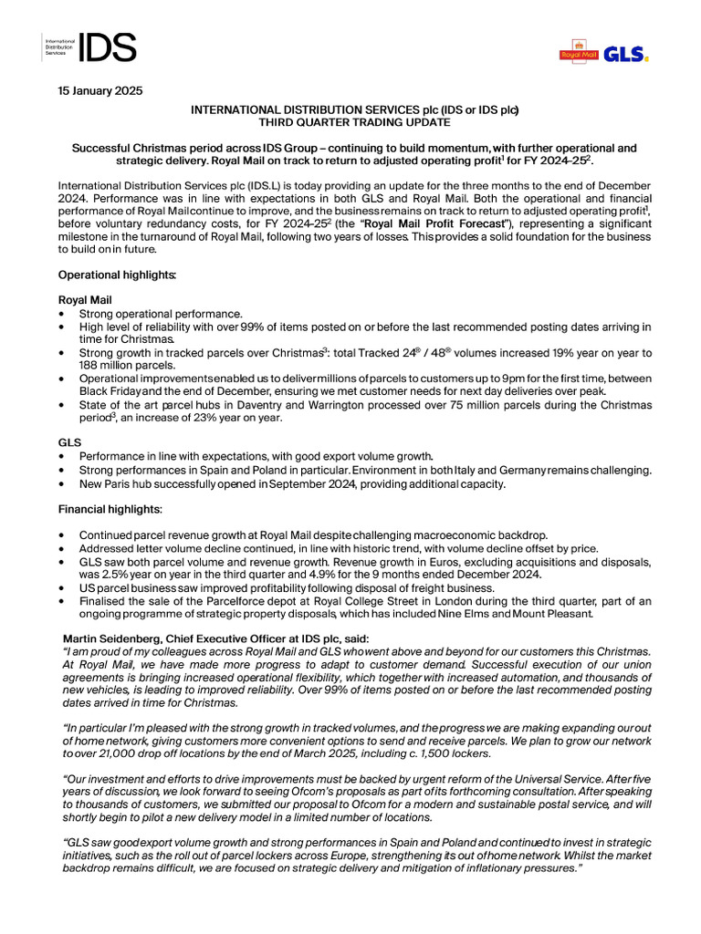 Ids PLC q3 2024 25 Update 15 1 25 | PDF