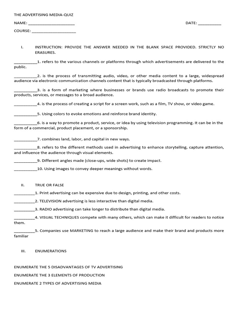 Advertising Media Quiz and Answers | PDF | Advertising | Television