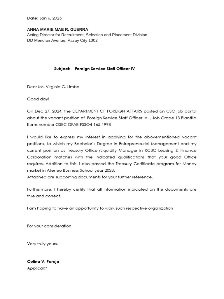 Application Letter Dfa 1 | PDF