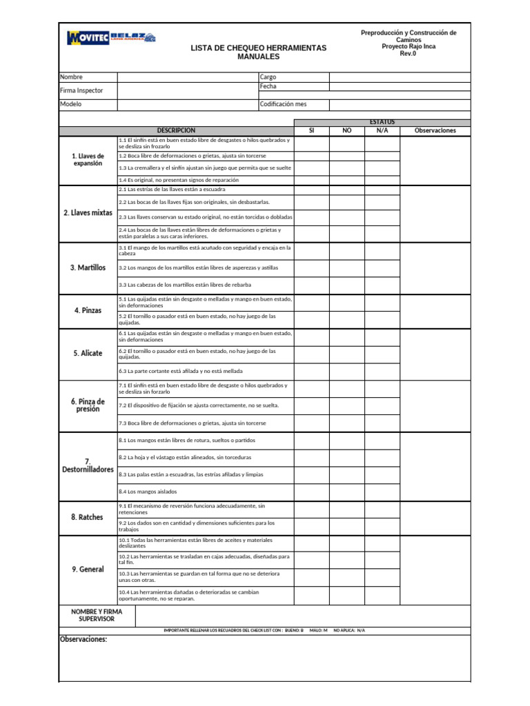 Lista de Chequeo Herramientas Manuales Rev.00 | PDF | Carpintería | Herramientas