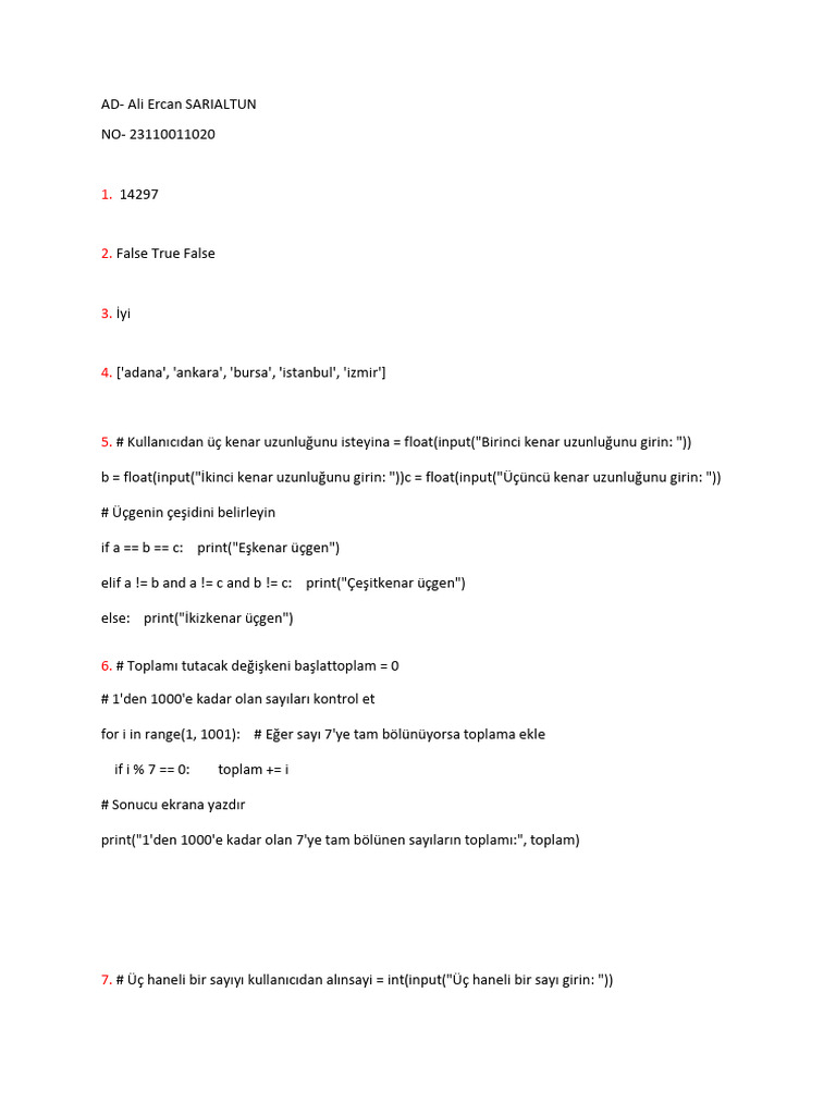 Pyhton Programlama Vi̇ze Sinavi | PDF