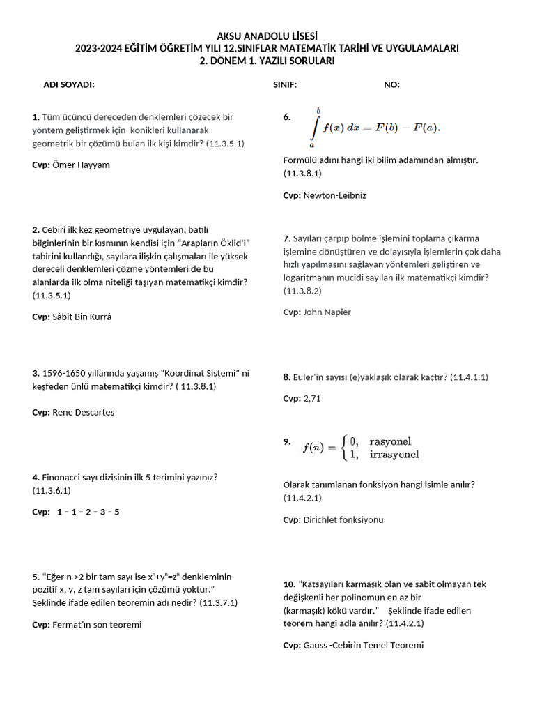 SINIF Mat Tarihi 2.dönem 1. YAZILI Baskı.... | PDF