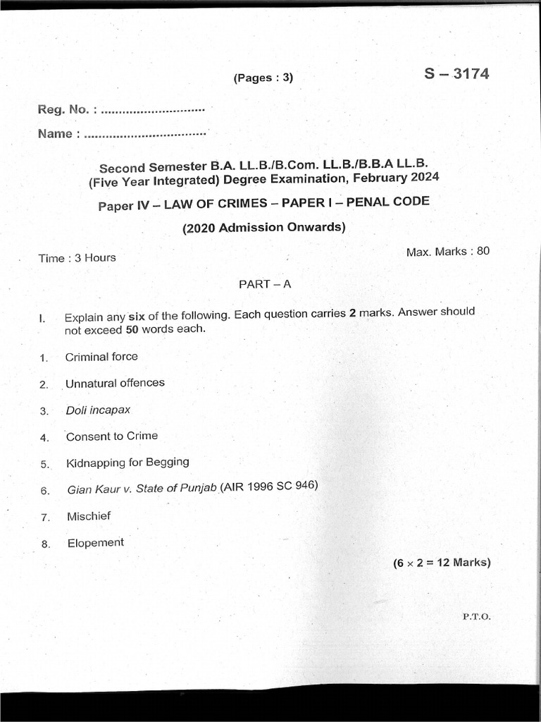 Law of Crimes - Paper-I - Penal Code S-31742 | PDF