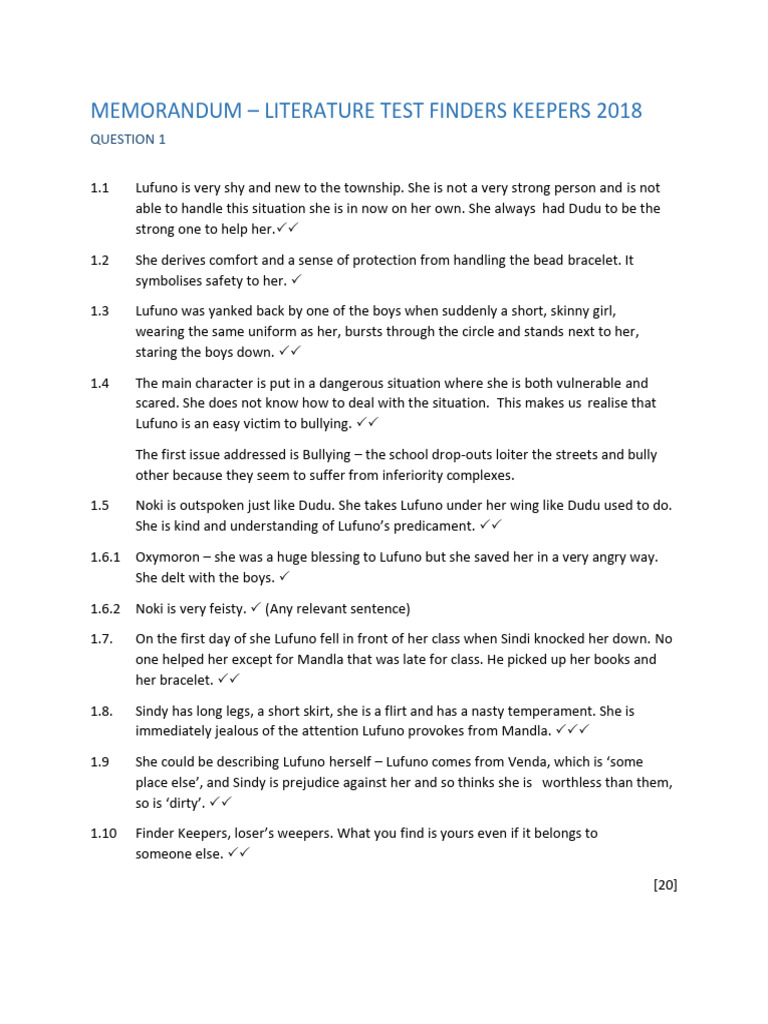 Finders Keepers Lit Test 2018 Gr10 MEMO | PDF