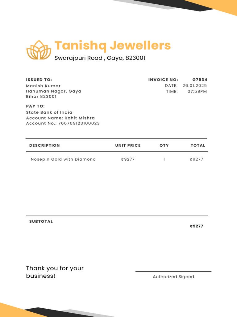 Gold Nosepin Invoice - Tanishq Jewellers | PDF