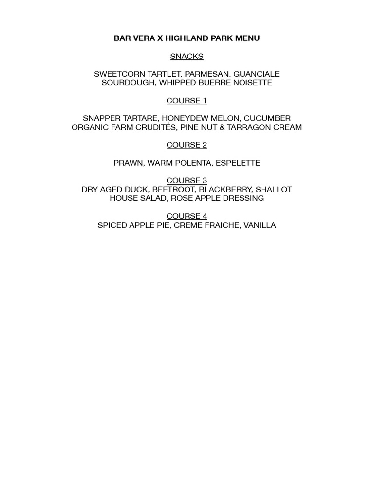 Bar Vera X Highland Park Menu | PDF