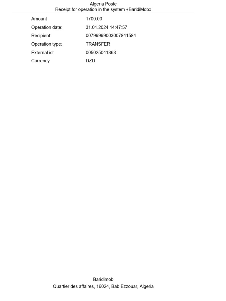 Algeria Poste BaridiMob Transfer Receipt | PDF