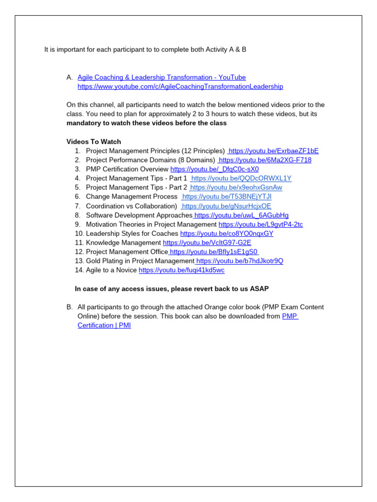 Mandatory Pre-Class Video List for PMP | PDF