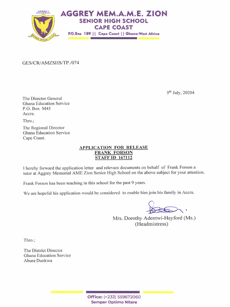 Application for Staff Release - Aggrey SHS | PDF