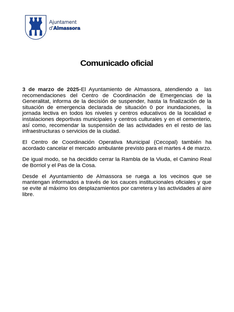 Comunicado Oficial Del Ayuntamiento de Almassora 3 de Marzo de 2025 | PDF