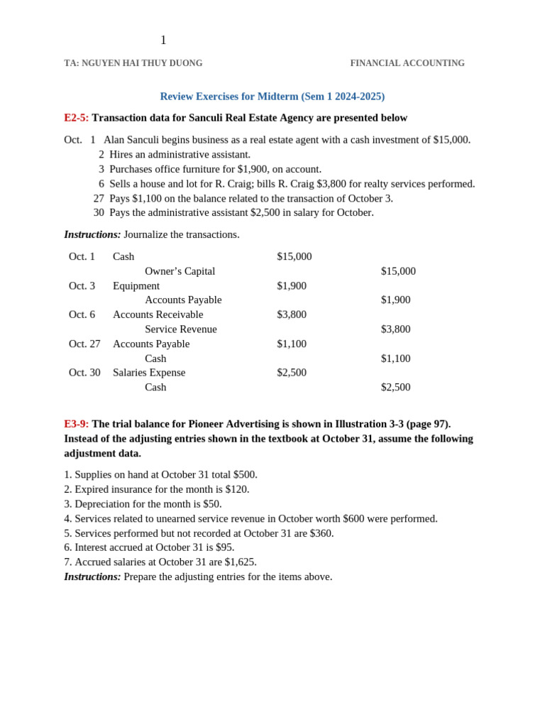 Review Exercises Midterm | PDF | Debits And Credits | Expense
