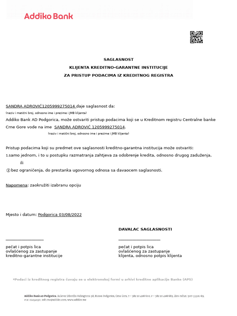 Saglasnost Za Kreditni Biro I Informacije Za Obradu Podataka 2 | PDF