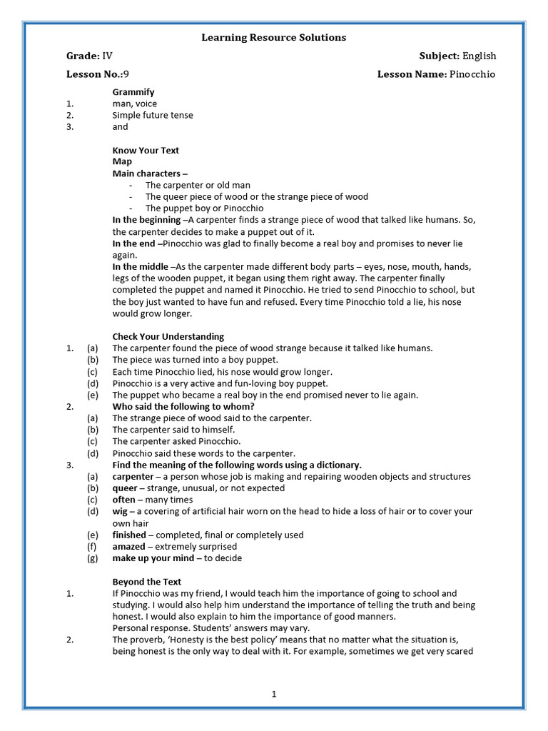 Pinocchio Lesson Plan for Grade IV | PDF | Pinocchio