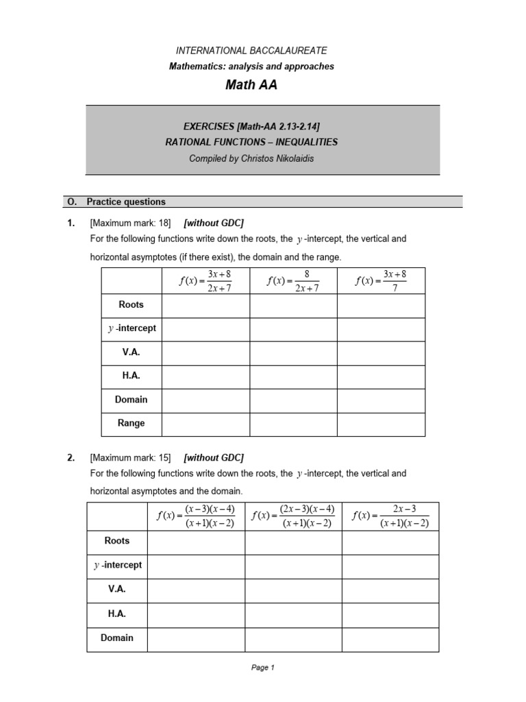 Ib A-Level Math Worksheet | PDF | Asymptote | Equations