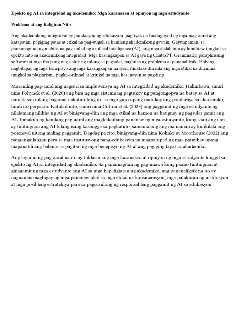 Epekto NG AI Sa Integridad NG Akademiko: Mga Karanasan at Opinyon NG Mga Estudyante | PDF