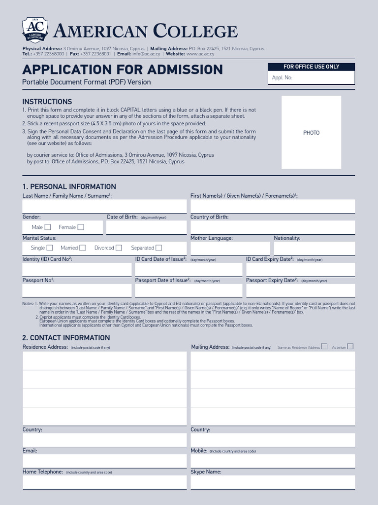 American College Admission Form | PDF | Disability | Identity Document