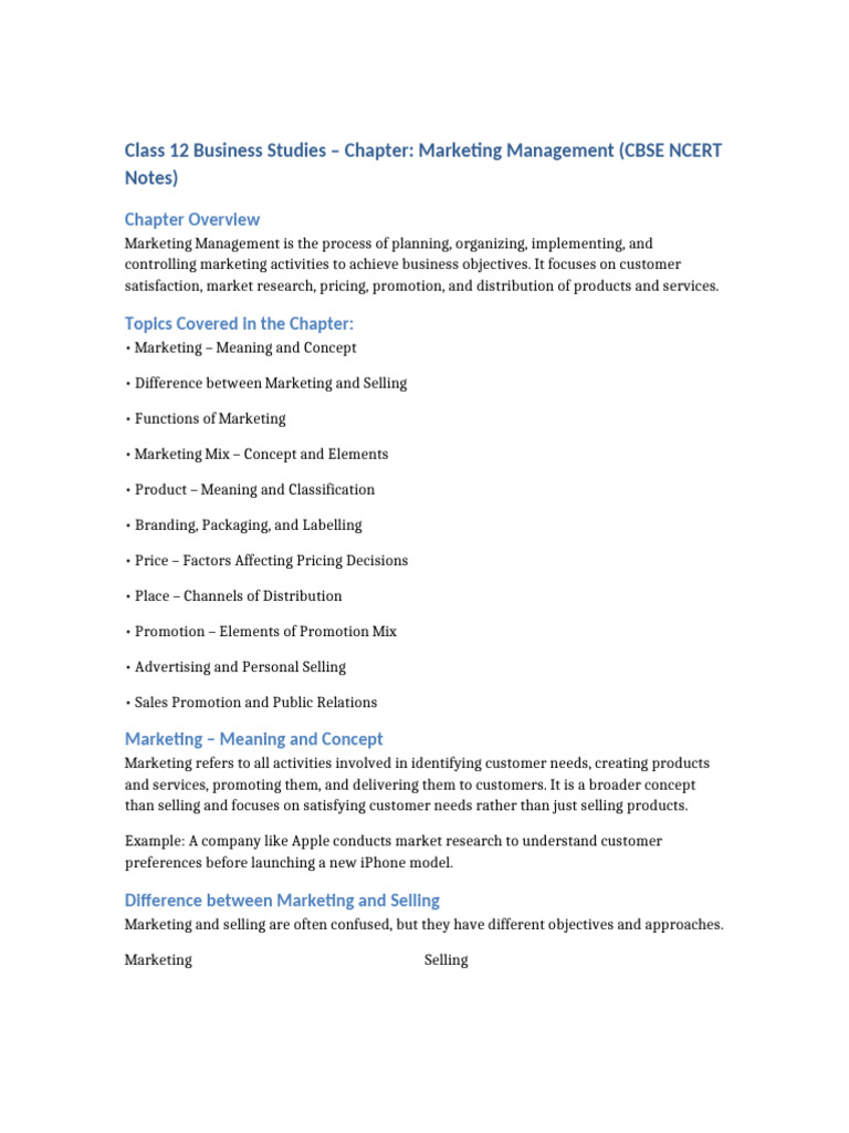 Class 12 Business Studies Marketing Management | PDF | Marketing | Sales