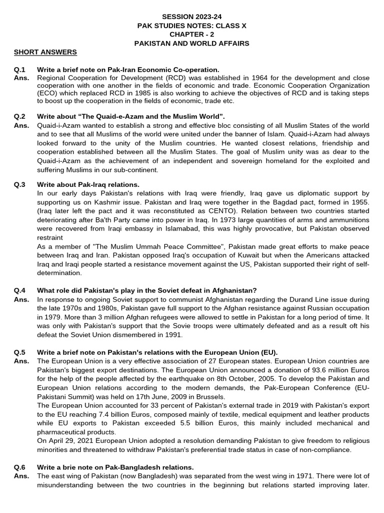 10th Pak STD Notes Chap-2 New Book 2023 ARF | PDF | Pakistan ...