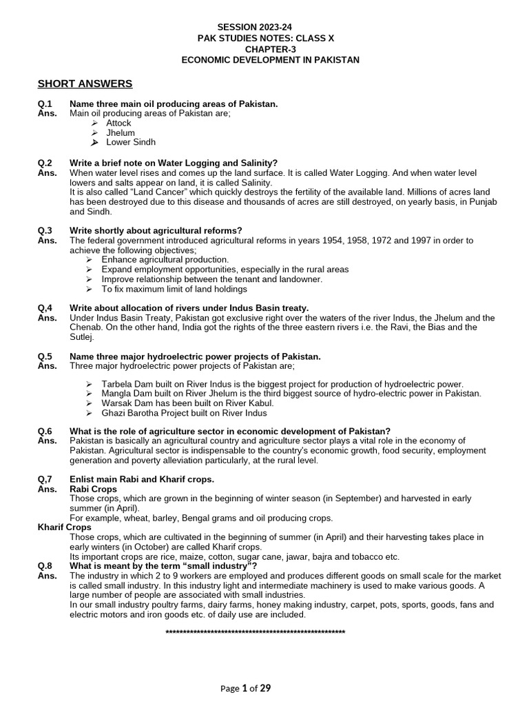 10th Pak STD Notes Chap-3 New Book 2023 ARF | PDF | Agriculture | Indus ...