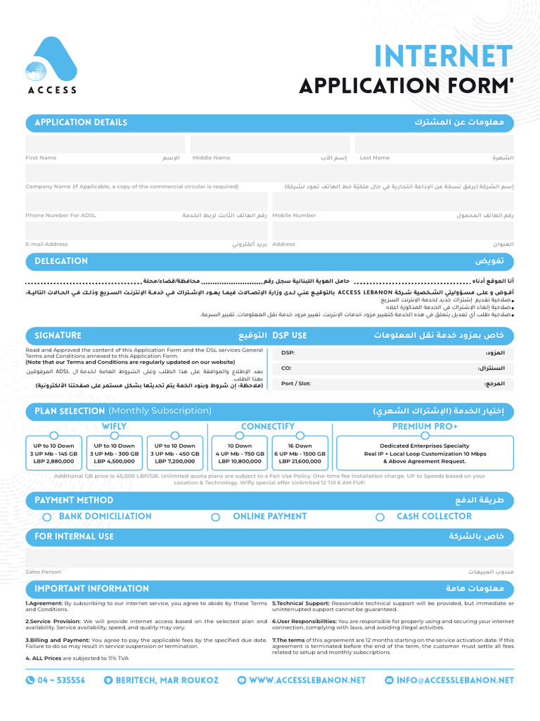 Access Lebanon Internet Application Form | PDF | Damages | Legal Liability