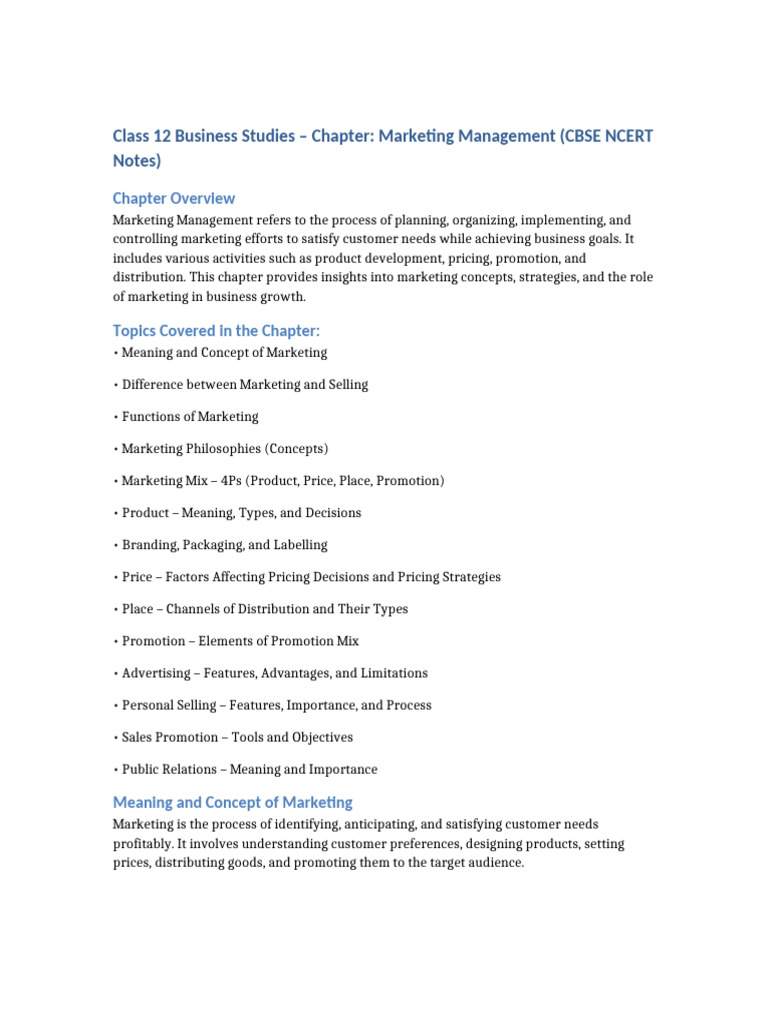 Class 12 Business Studies Marketing Management Expanded | PDF ...