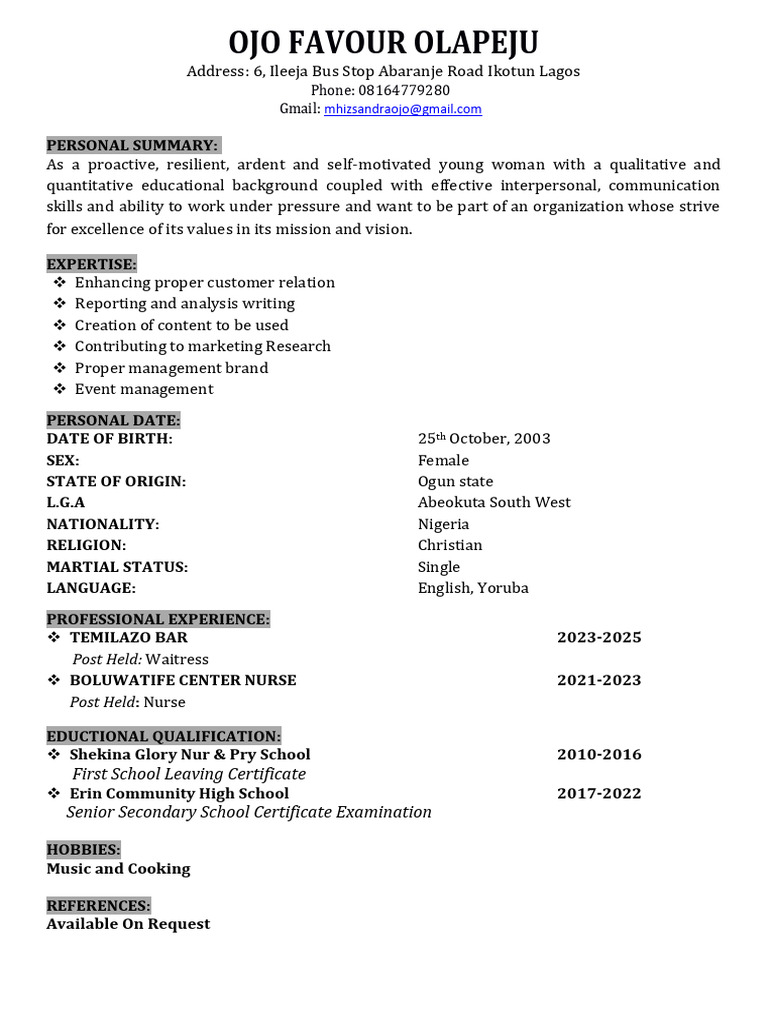Ojo Favour Olapeju CV | PDF