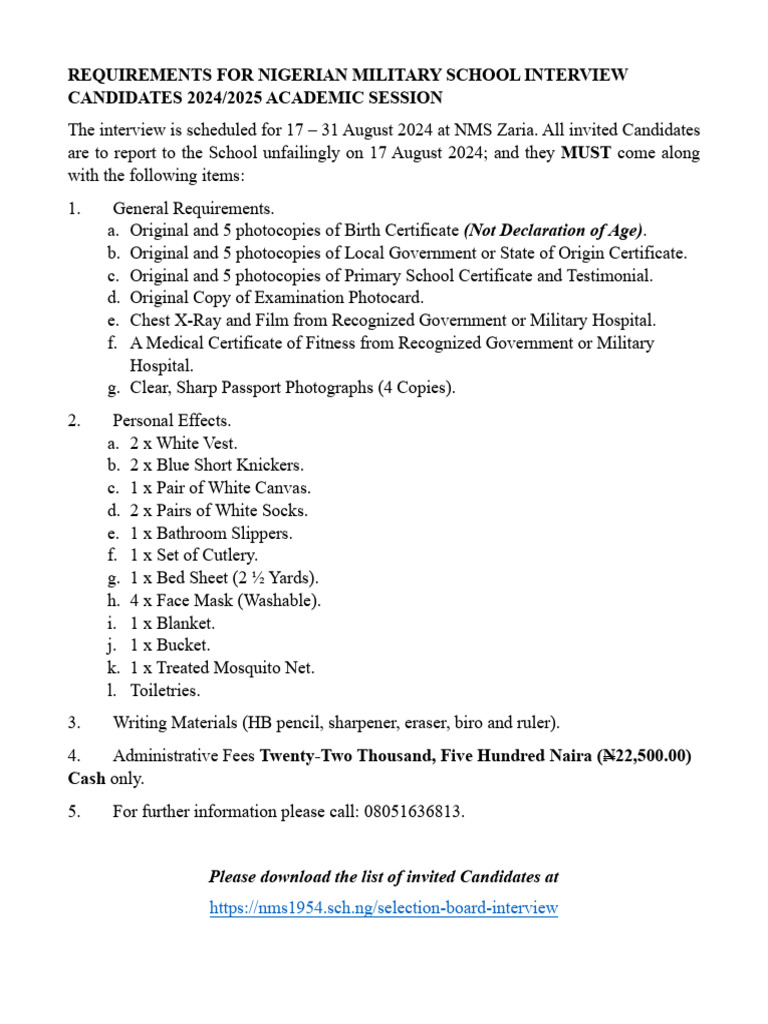 Requirements For Nms Selection Board Interview 2024 | PDF
