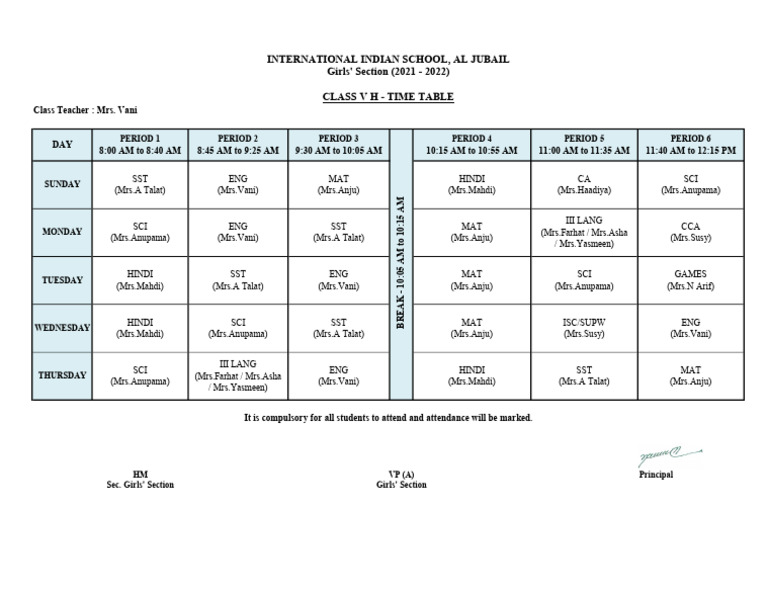 SGS - Class V H - TimeTable (2021-22) | PDF