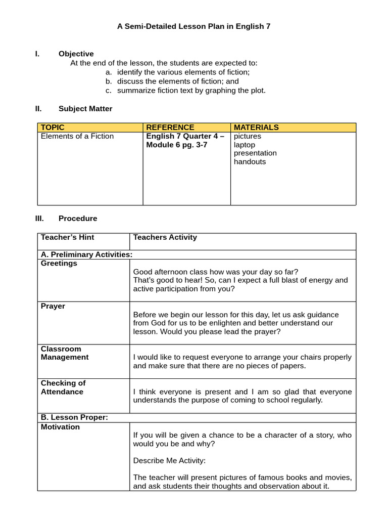 Elements of Fiction Lesson Plan | PDF | Plot (Narrative)