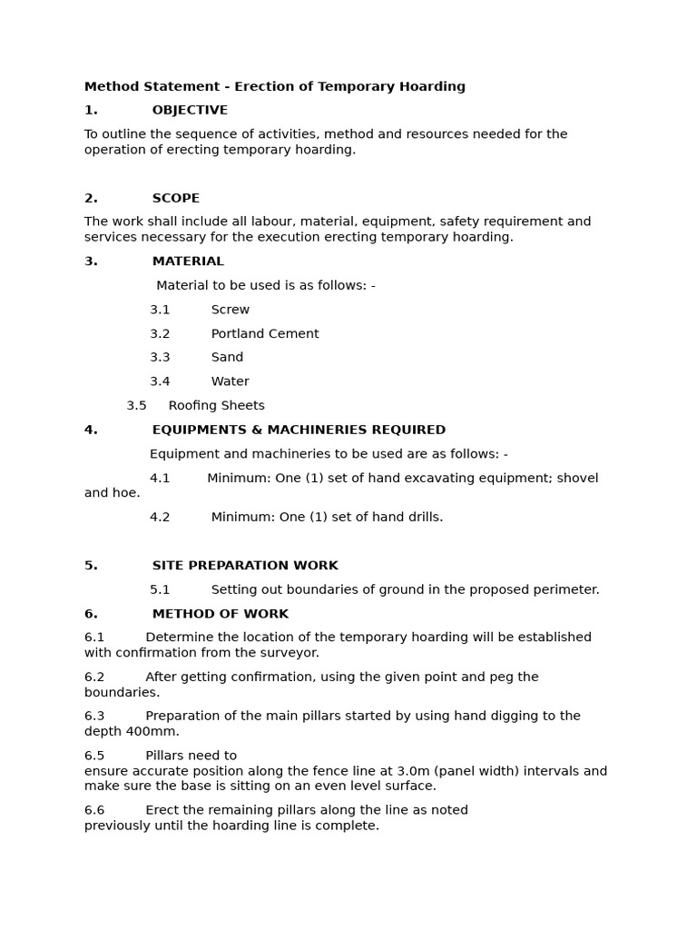 Method Statement For Hoarding | PDF