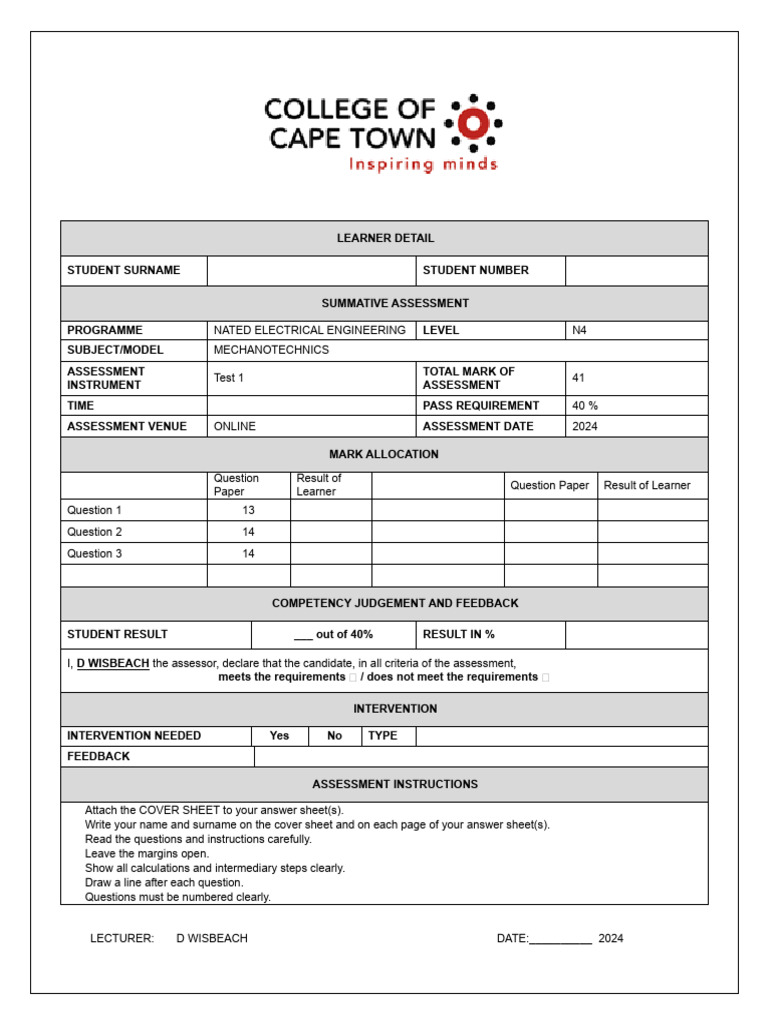 N4 Mechanotechnics Test 1 Results | PDF | Belt (Mechanical) | Gear