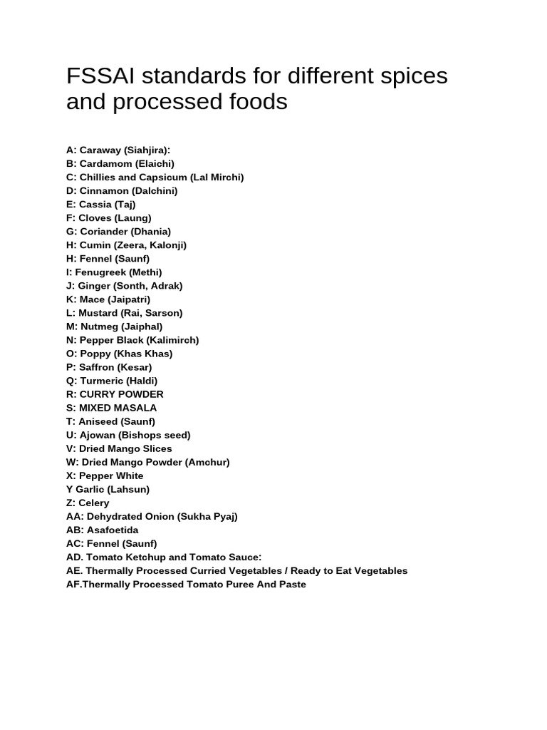 FSSAI Standards for Spices and Condiments | PDF | Coriander | Fennel