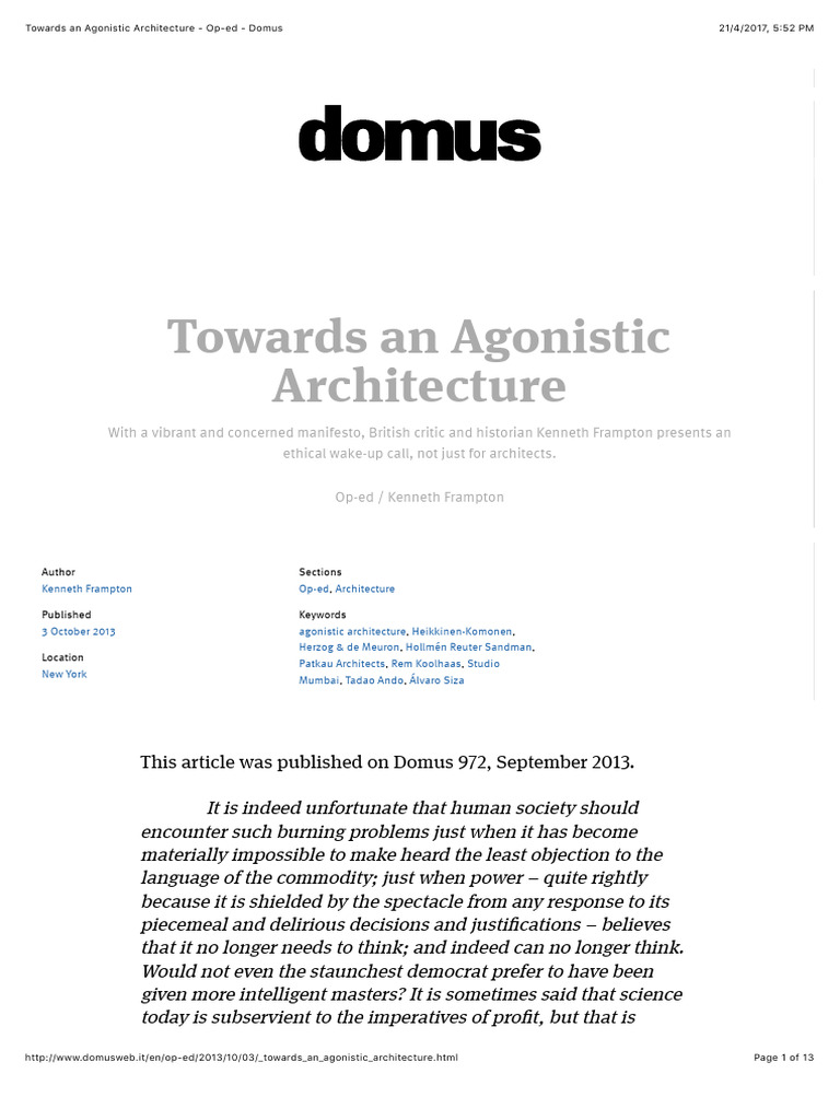 Kenneth Frampton - Towards An Agonistic Architecture | PDF