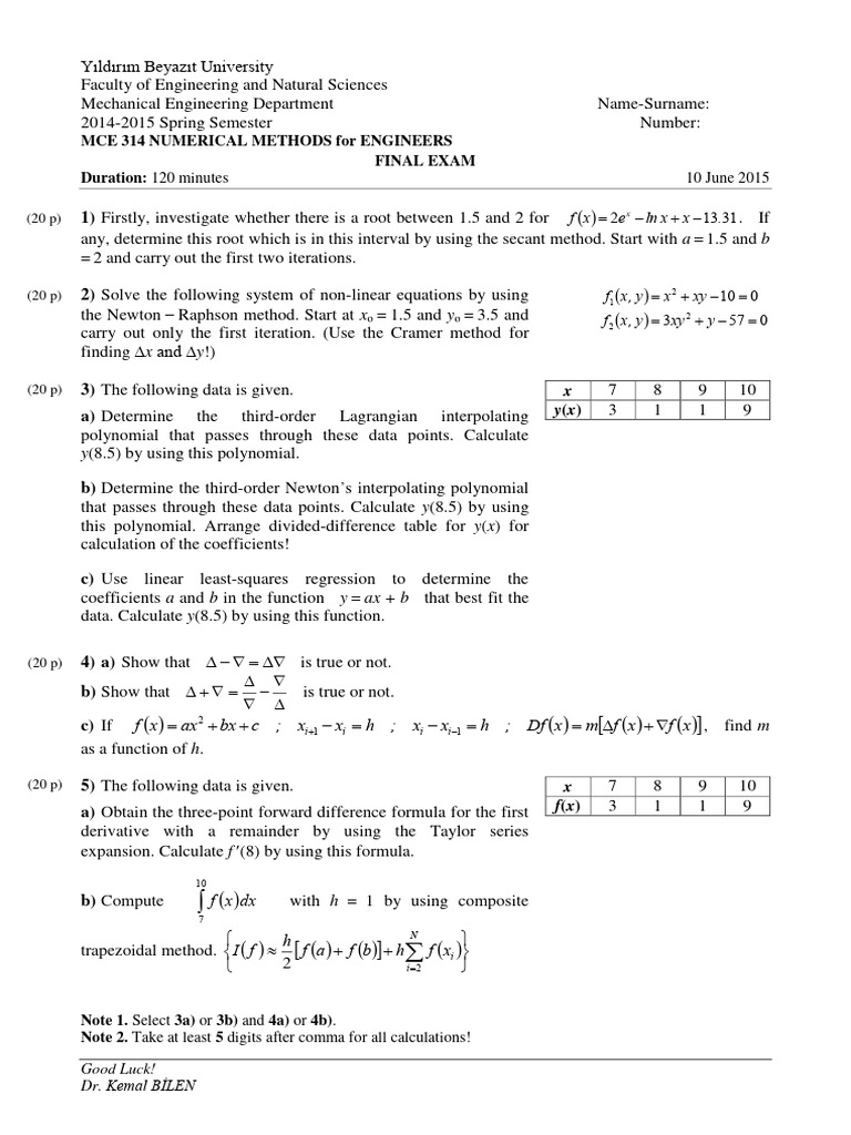 MCE 314 Final Exam Questions (June 10, 2015) | PDF | Computational ...