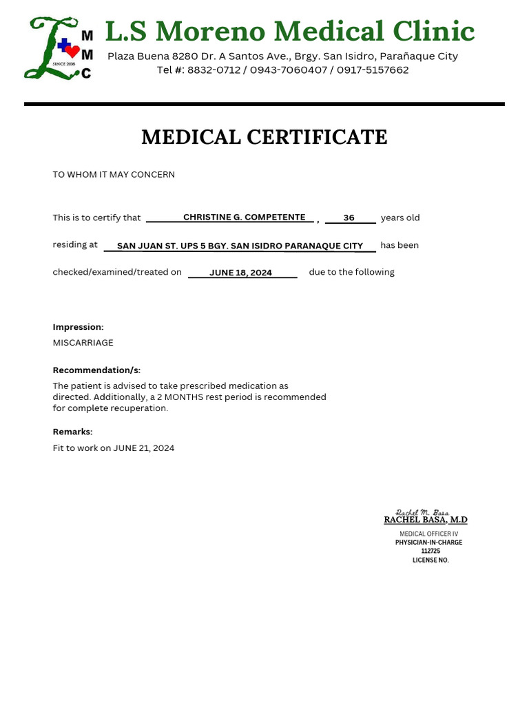 Medical Certificate for Christine Competente | PDF