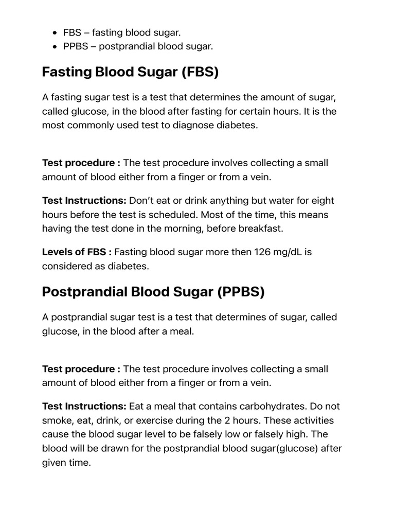 Fasting Blood Sugar and PPBS Test Blood Sugar Levels | PDF